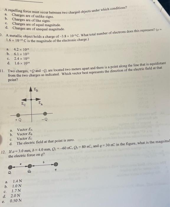 Solved A repelling force must occur between two charged | Chegg.com