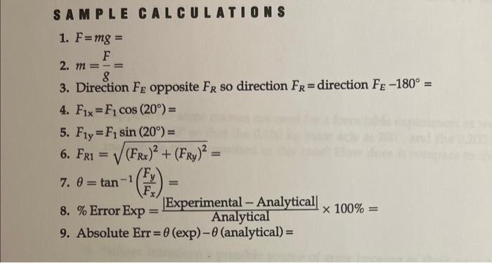SAMPLE CALCULATIONS 1. F=mg= 2. m=gF= 3. Direction FE | Chegg.com