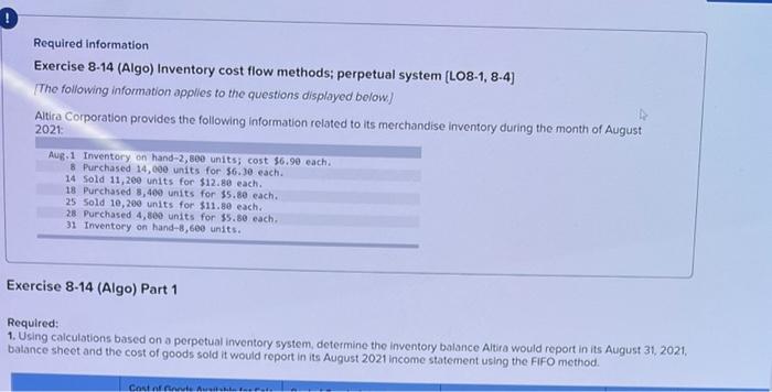 Solved Required information Exercise 8-14 (Algo) Inventory | Chegg.com