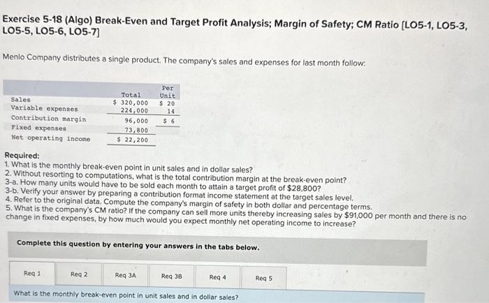 Solved Exercise 5-18 (Algo) Break-Even and Target Profit | Chegg.com