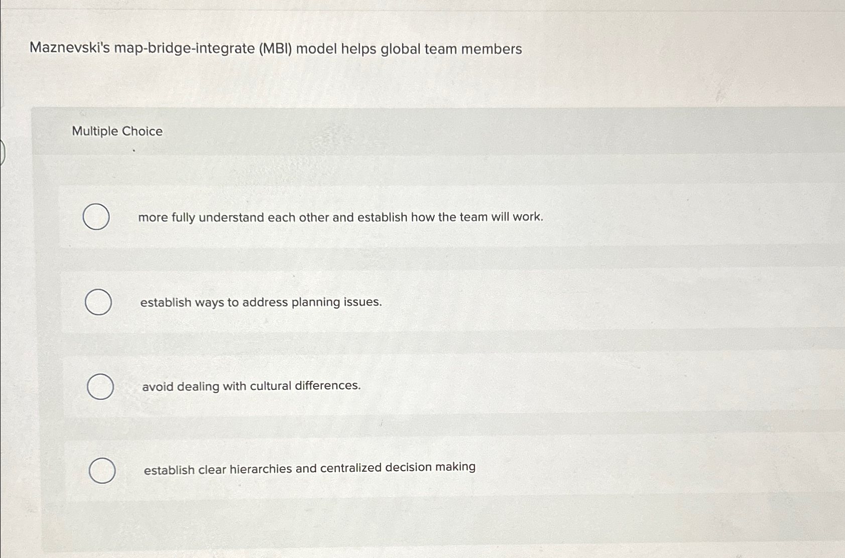 Solved Maznevski's map-bridge-integrate (MBI) ﻿model helps | Chegg.com