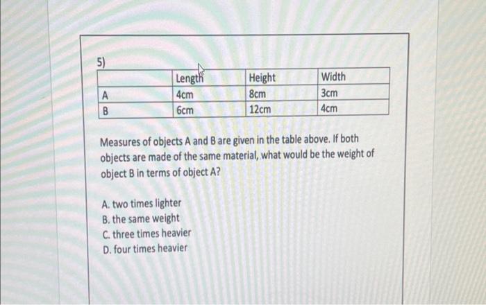 Solved 5) A B Length 4cm 6cm Height 8cm 12cm A. two times | Chegg.com