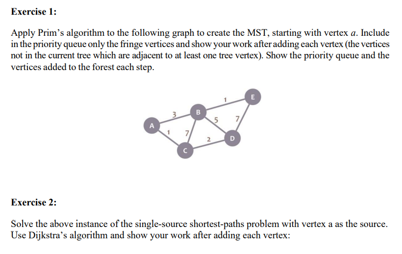 Solved Exercise 1:Apply Prim's algorithm to the following | Chegg.com