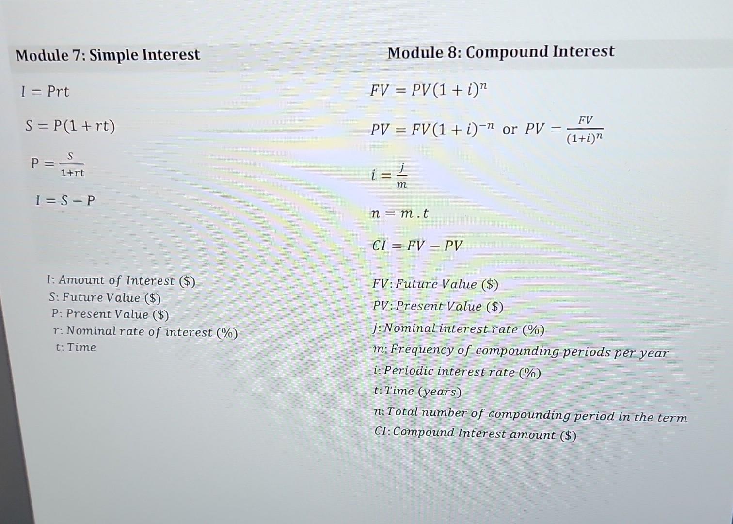 Solved Module 7: Simple Interest I=PrtS=P(1+rt)P=1+rtsI=S−P | Chegg.com