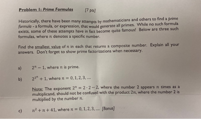 Solved Problem 1: Prime Formulas [7 pts] Historically, there | Chegg.com