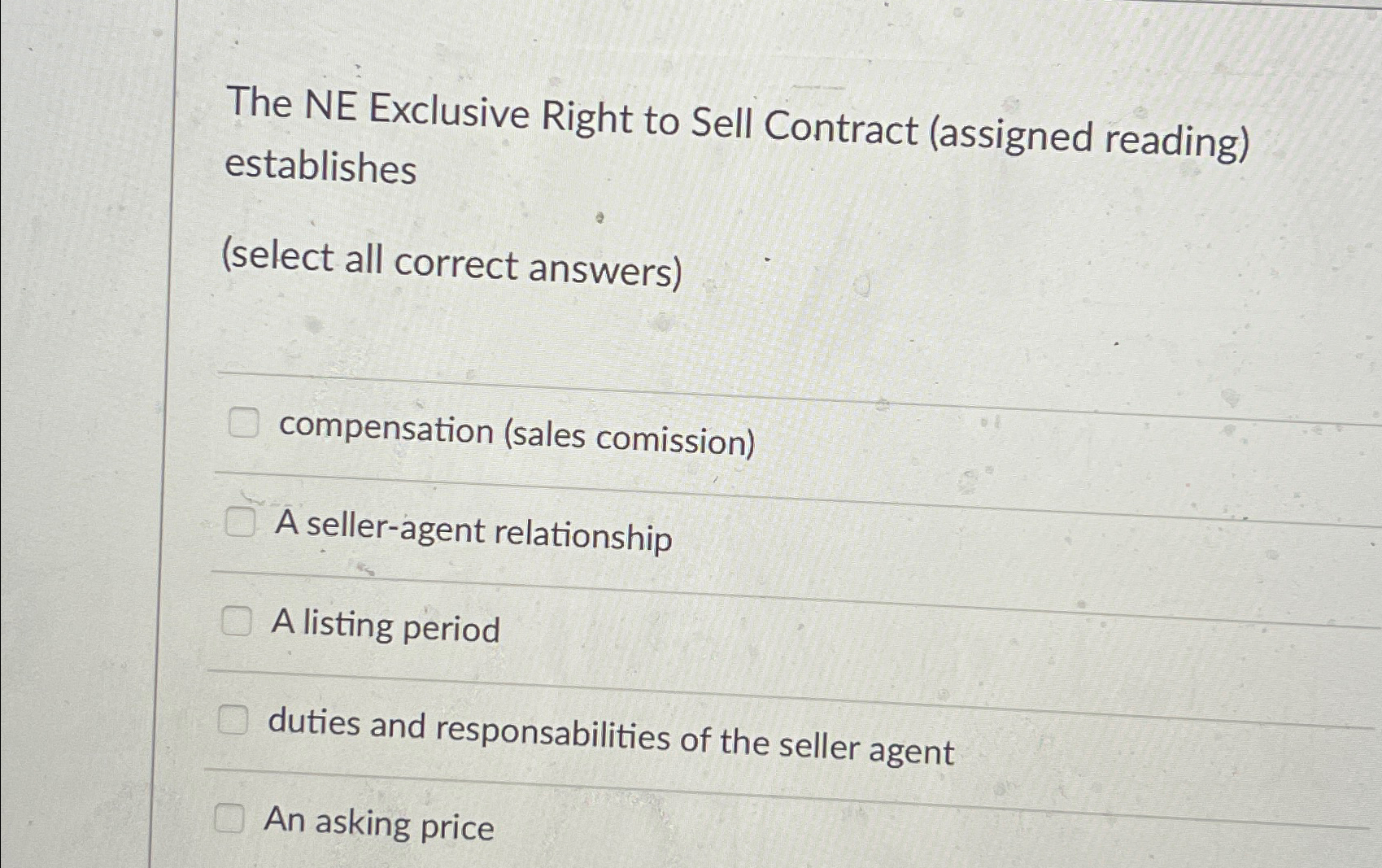 Solved The NE Exclusive Right to Sell Contract (assigned | Chegg.com