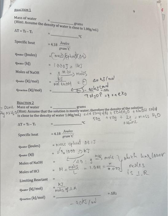 Solved REACTION.2 Mass of water = grams (Hint: Assume that | Chegg.com