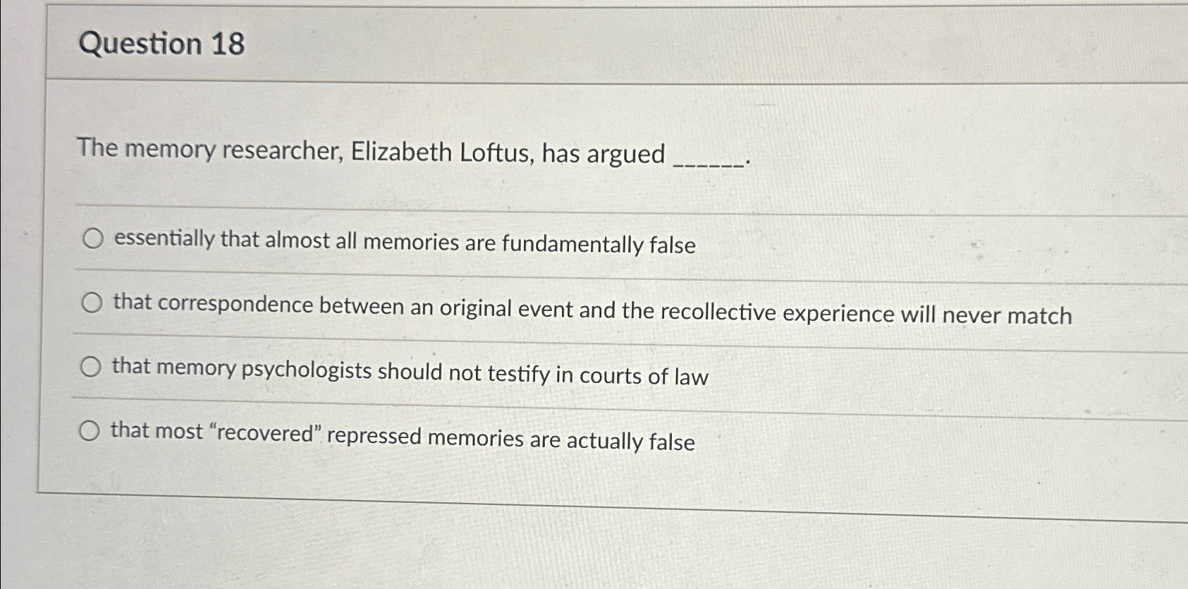 Solved Question 18The memory researcher, Elizabeth Loftus, | Chegg.com