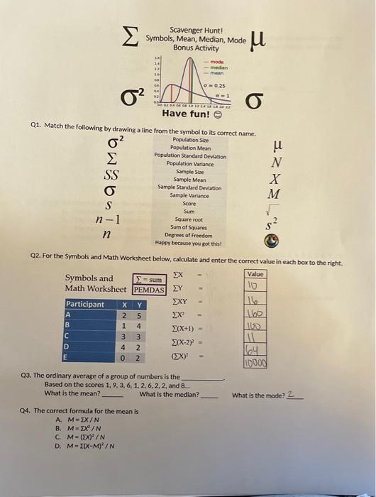 Solved Scavenger Hunt! Symbols, Mean, Median, Mode Bonus | Chegg.com