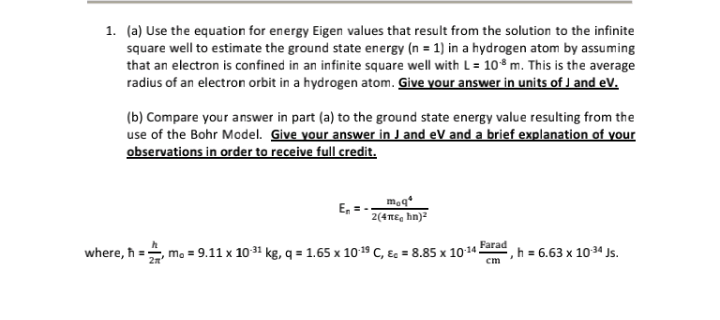Solved 1. (a) Use the equation for energy Eigen values that | Chegg.com