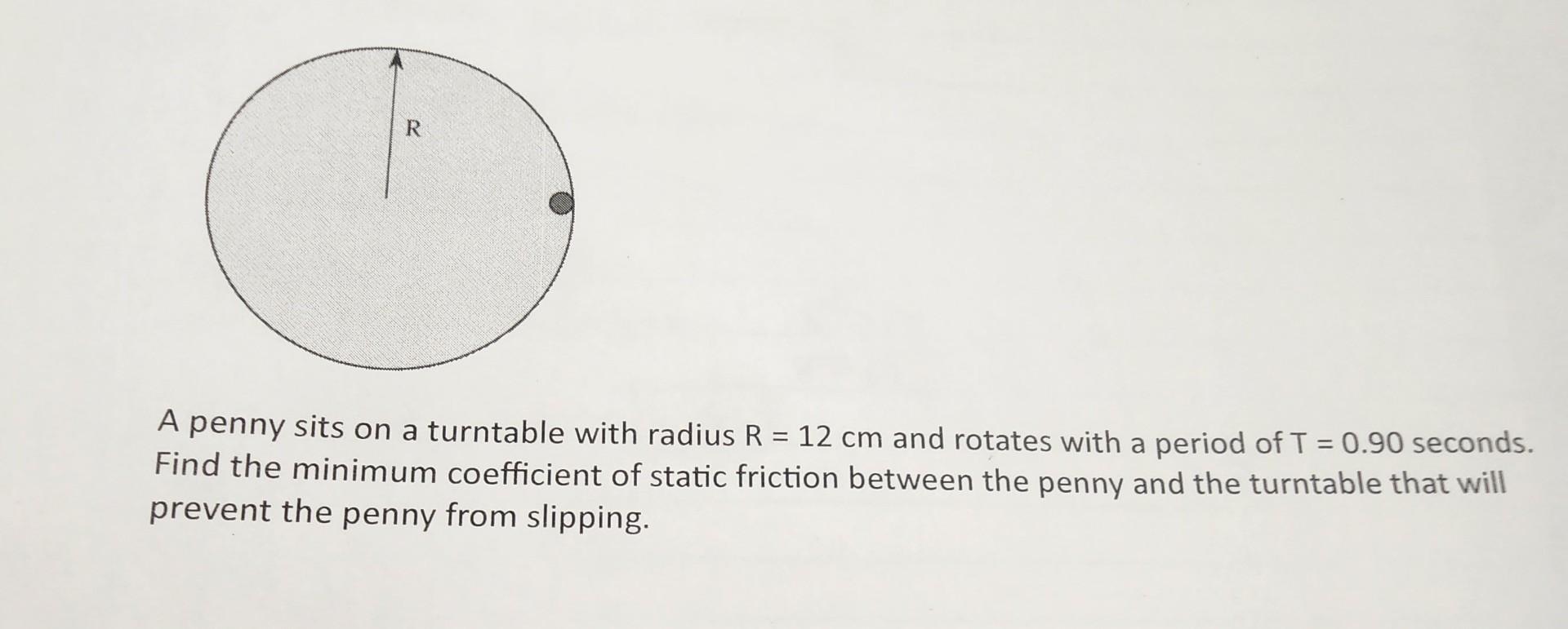 Solved A penny sits on a turntable with radius R=12 cm and | Chegg.com