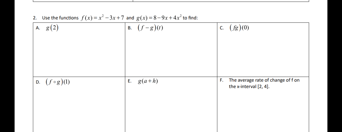Use the functions f(x)=x2-3x+7 ﻿and g(x)=8-9x+4x2 ﻿to | Chegg.com