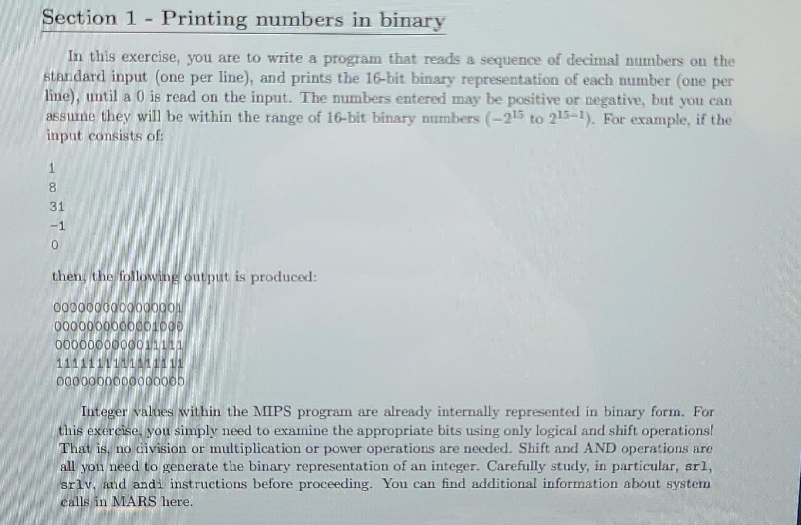 Solved Section 1 - Printing numbers in binary In this | Chegg.com