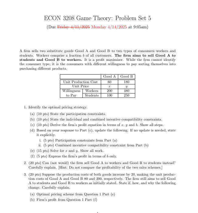 Solved ECON 3208 ﻿Game Theory: Problem Set 5 (Due Friday | Chegg.com