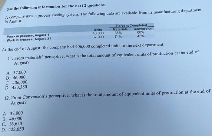Solved Use the following information for the next 2 | Chegg.com