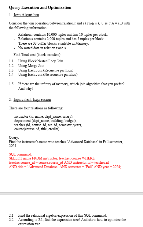 Solved Query Execution and OptimizationJoin | Chegg.com