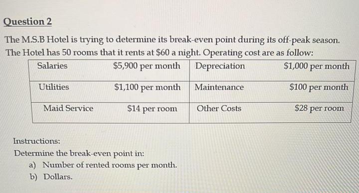 Solved The M.S.B Hotel is trying to determine its break-even | Chegg.com