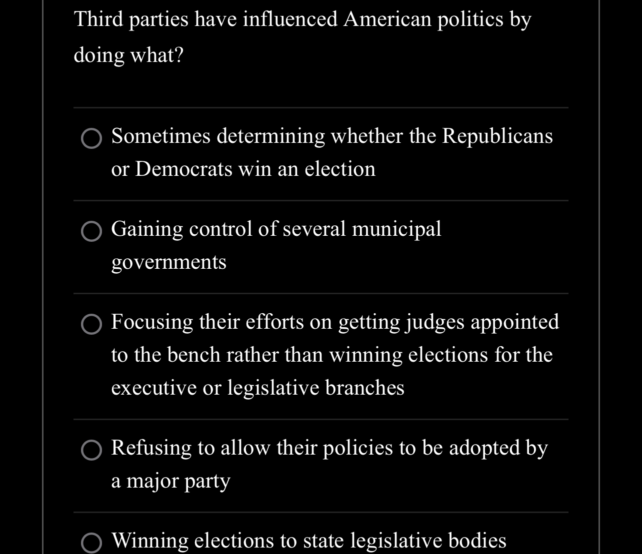 Solved Third parties have influenced American politics by | Chegg.com