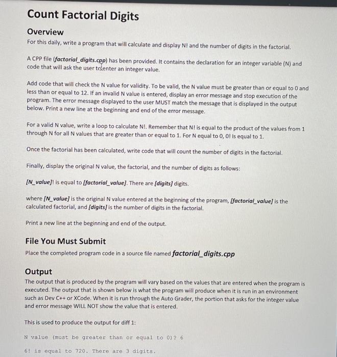 Solved Overview For this daily, write a program that will | Chegg.com