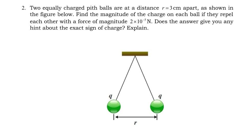 Solved Two equally charged pith balls are at a distance r=3 | Chegg.com