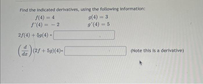 Solved Find the indicated derivatives, using the following | Chegg.com