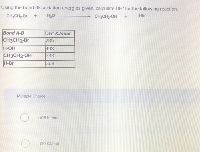 Solved Using the bond dissociation energies given, calculate | Chegg.com
