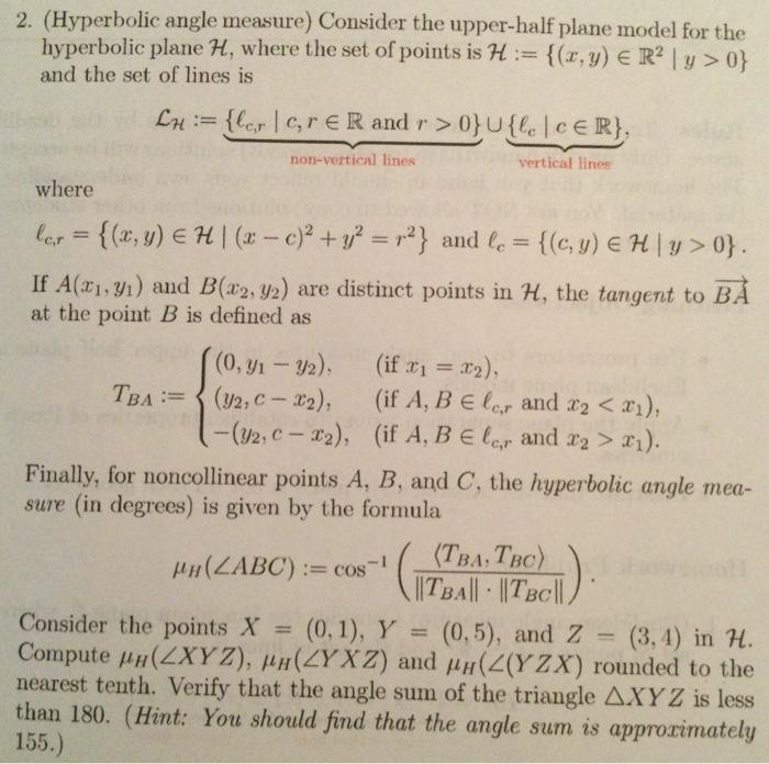 Solved 2. (Hyperbolic angle measure) Consider the upper-half | Chegg.com