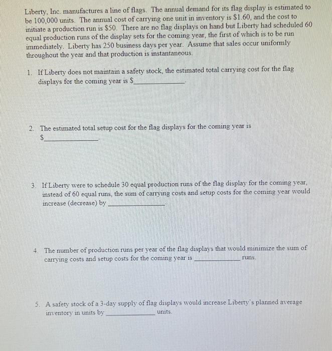 Solved Liberty, Inc manufactures a line of flags. The annual | Chegg.com