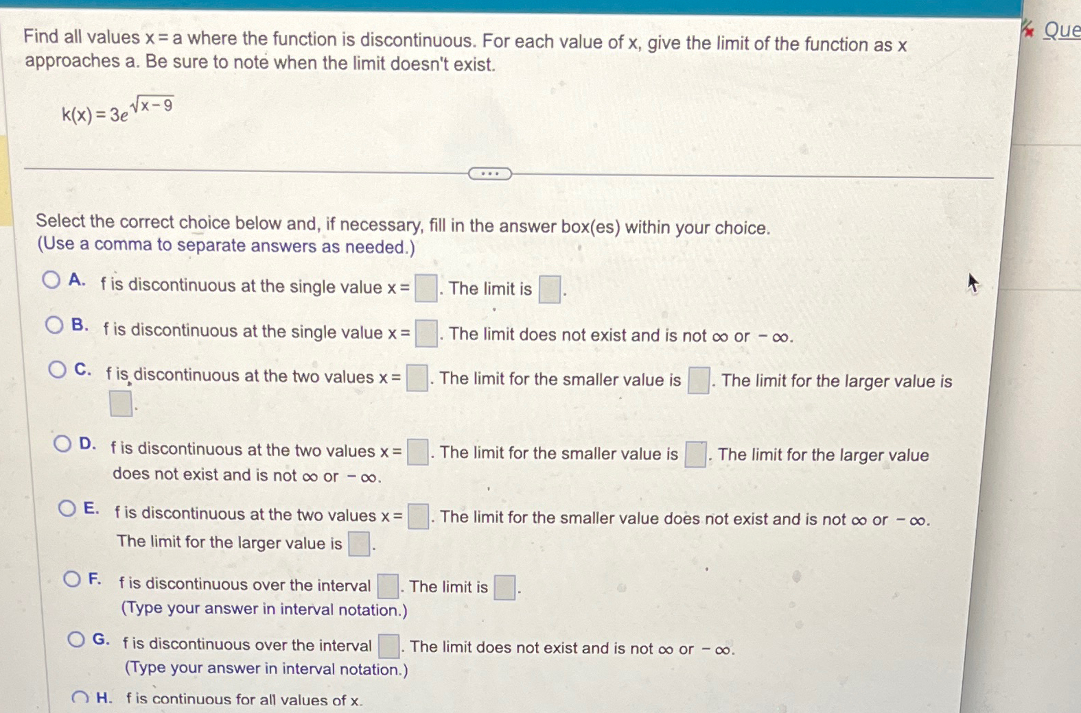 Solved Find all values x=a where the function is | Chegg.com
