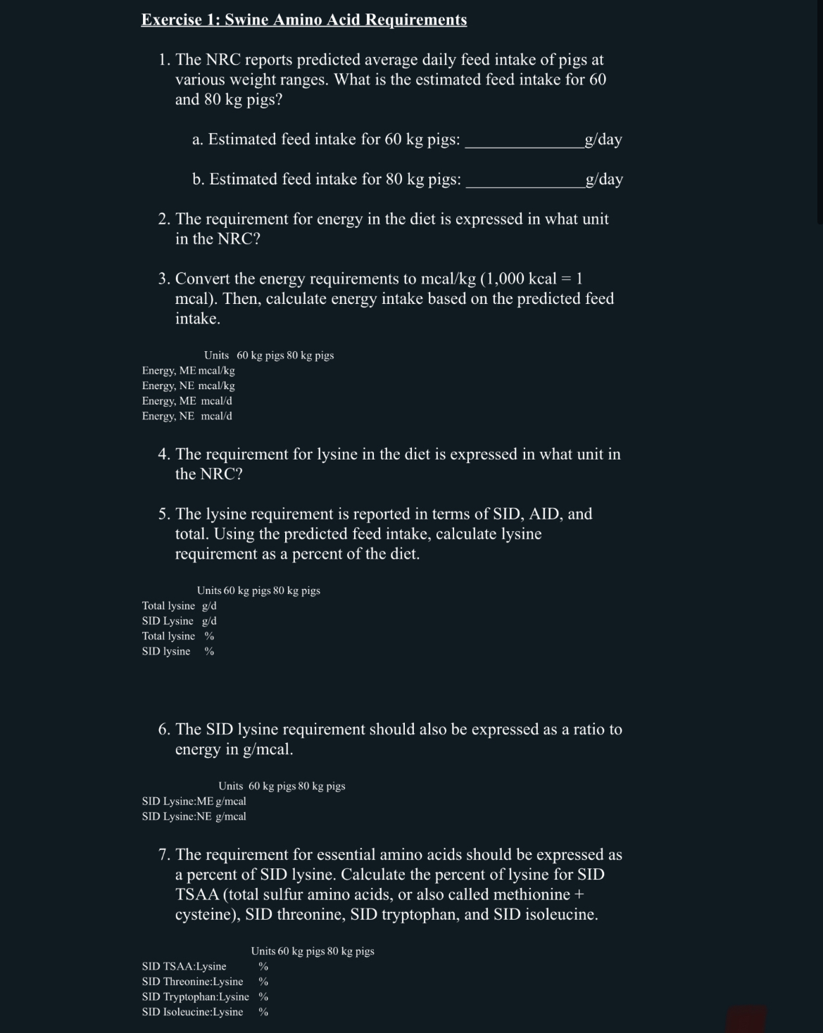 Solved Exercise 1: Swine Amino Acid RequirementsThe NRC | Chegg.com