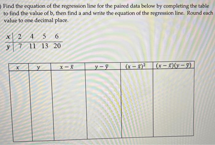 Solved Find The Equation Of The Regression Line For The