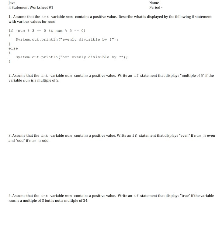 Solved Java if Statement Worksheet #1 Name - Period - 1. | Chegg.com