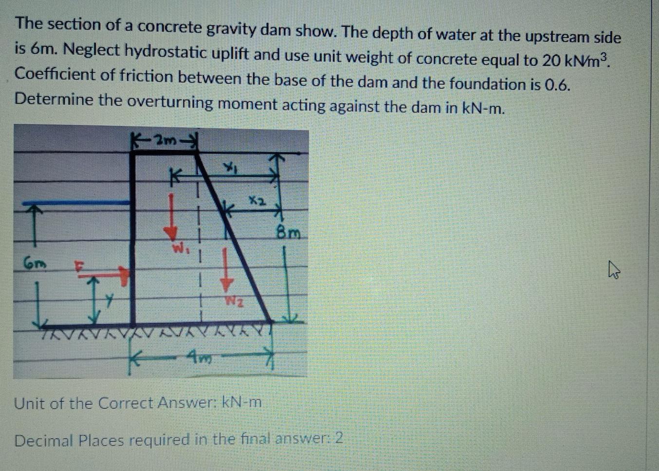 Solved The section of a concrete gravity dam show. The depth | Chegg.com