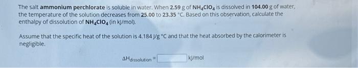Solved The salt ammonium perchlorate is soluble in water. | Chegg.com
