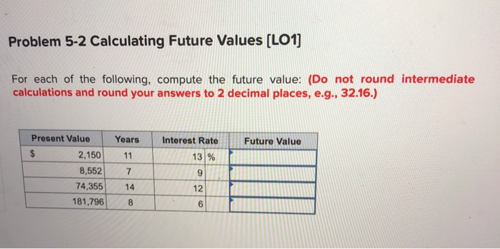 Solved Problem 5-2 Calculating Future Values (LO1] For each | Chegg.com
