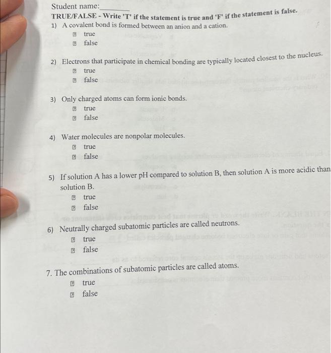 Student name:_ TRUE/FALSE - Write 'T' if the | Chegg.com