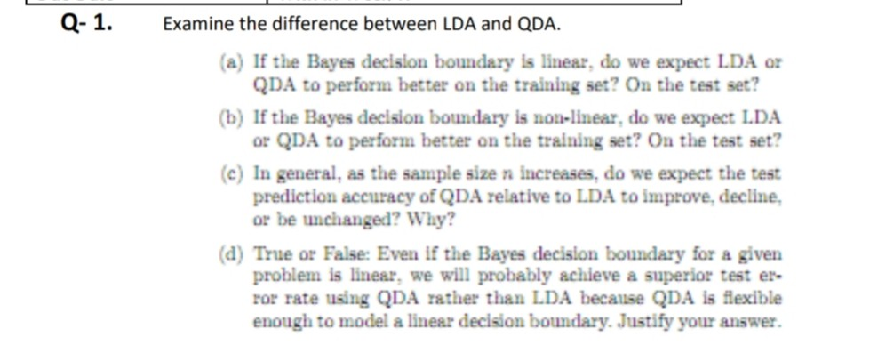 Solved Q 1 Examine The Difference Between Lda And Qda A