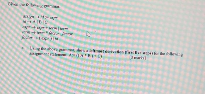 Solved Given the following grammar: assign →id:= expr id → | Chegg.com