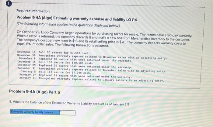 Solved Required information Problem 9-4A (Algo) Estimating | Chegg.com