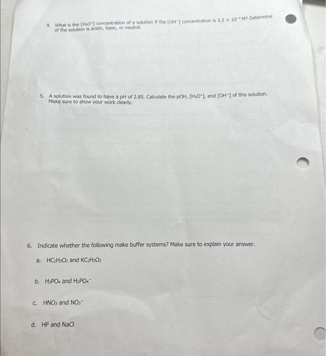 Solved 4. What is the [H,O∘] concentration of a solution if | Chegg.com