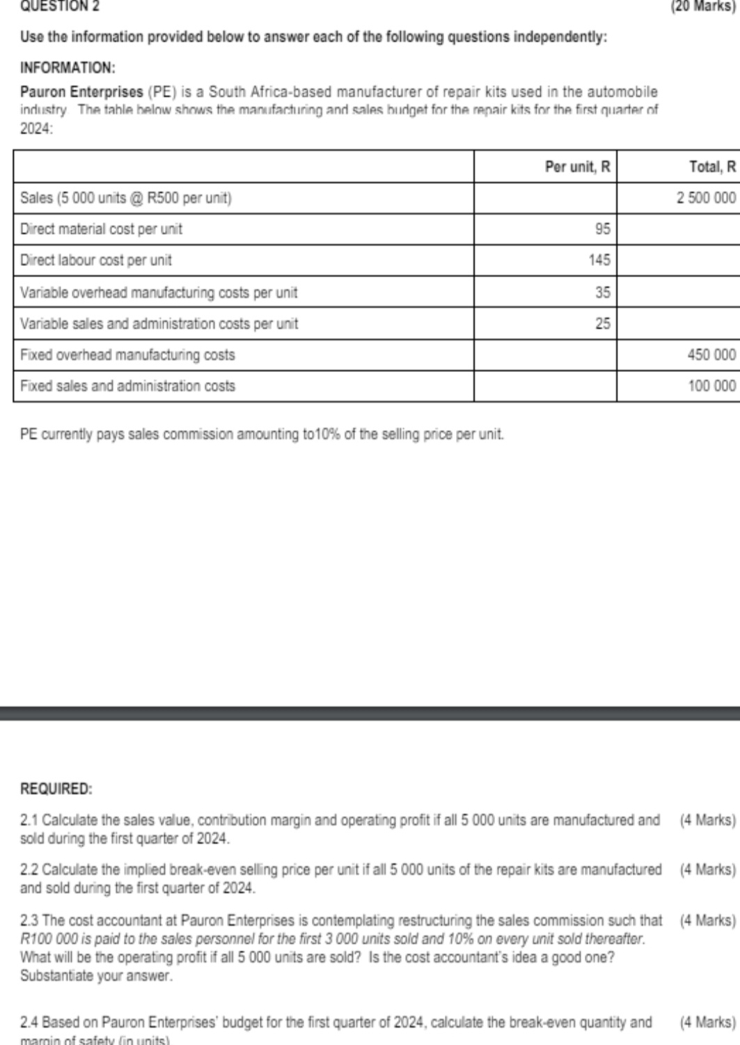 Solved QUESTION 2(20 ﻿Marks)Use the information provided | Chegg.com