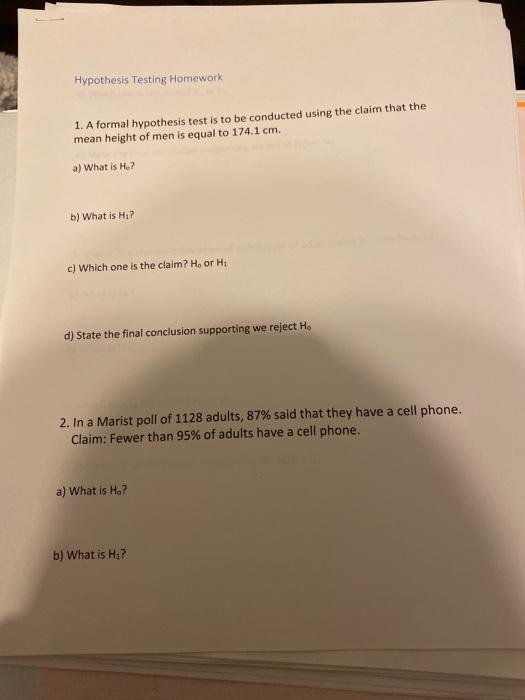 Solved Hypothesis Testing Homework 1. A formal hypothesis | Chegg.com