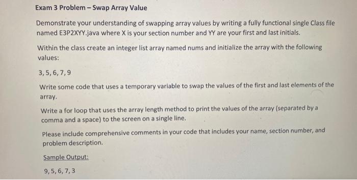 Solved Exam 3 Problem - Swap Array Value Demonstrate your | Chegg.com