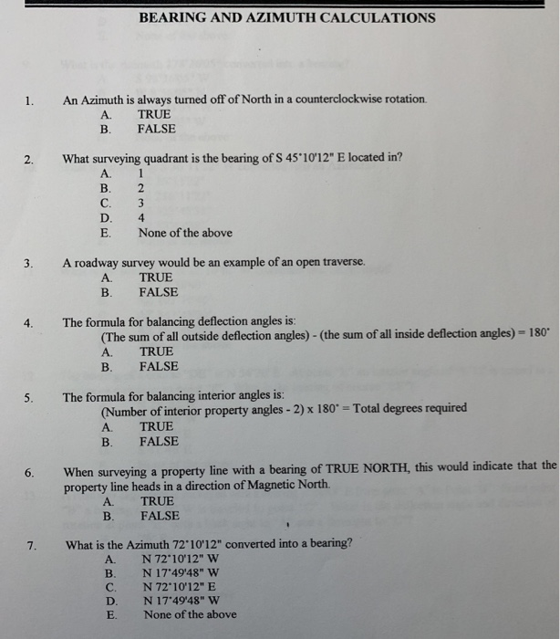 Solved BEARING AND AZIMUTH CALCULATIONS An Azimuth is always | Chegg.com