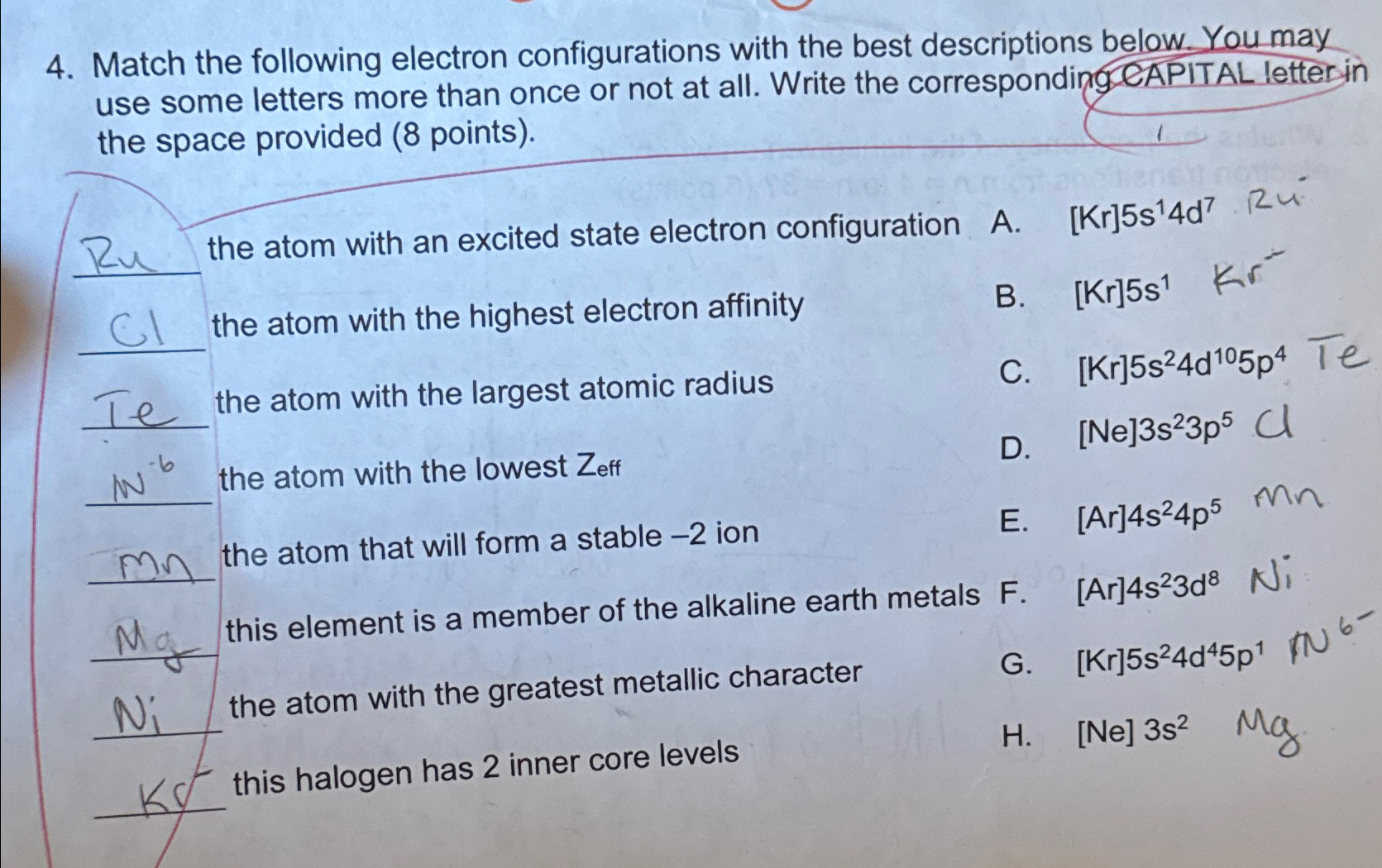Solved Match The Following Electron Configurations With The