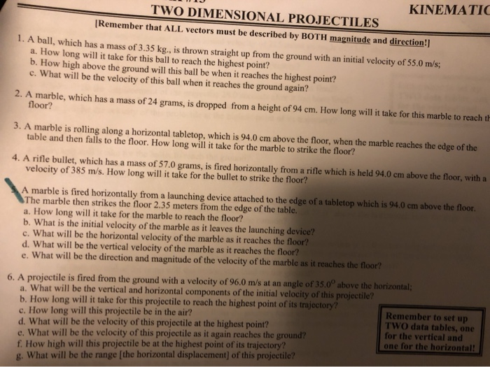 Solved KINEMATIC TWO DIMENSIONAL PROJECTILES Remember that | Chegg.com