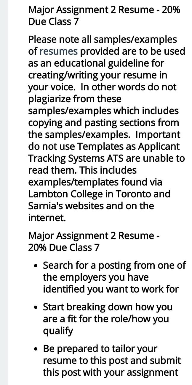 Solved Major Assignment 2 Resume - 20% Due Class 7 Please | Chegg.com