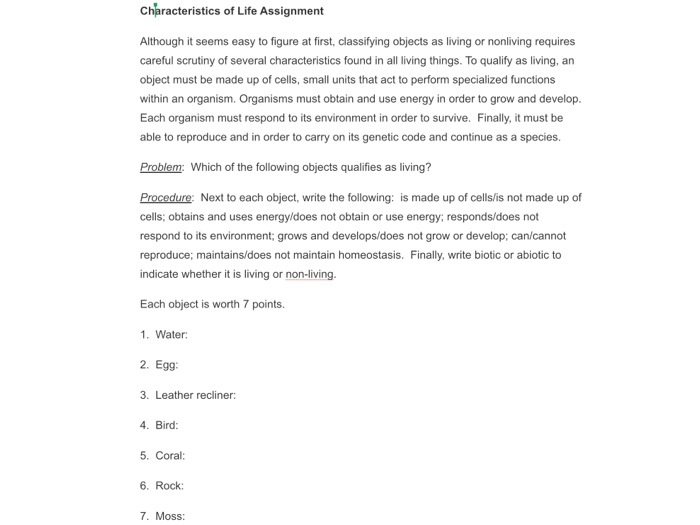 Solved Characteristics of Life Assignment Although it seems | Chegg.com