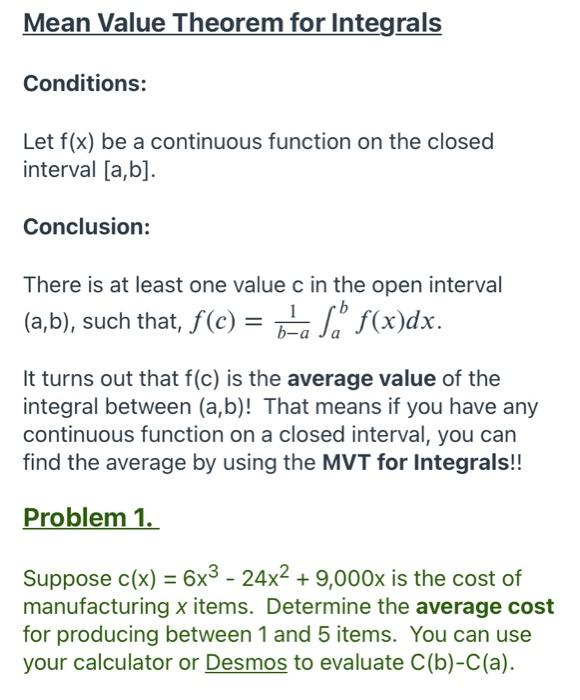 Solved Mean Value Theorem for Integrals Conditions: Let f(x) | Chegg.com