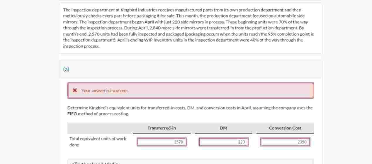 Solved The inspection department at Kingbird indistries | Chegg.com